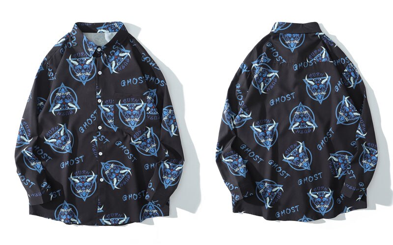 GONTHWID Devil Goat Head Print Long Sleeve Hawaiia... – Grandado