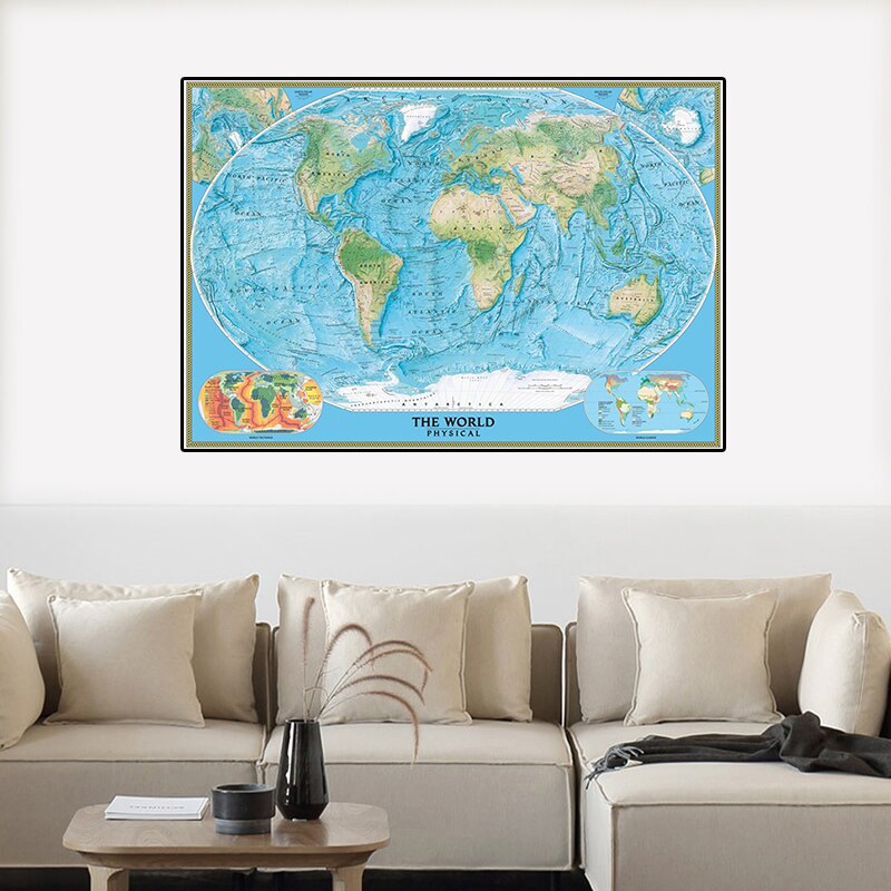 A2 Size Fine Canvas Printed The World Physical Map... – Vicedeal