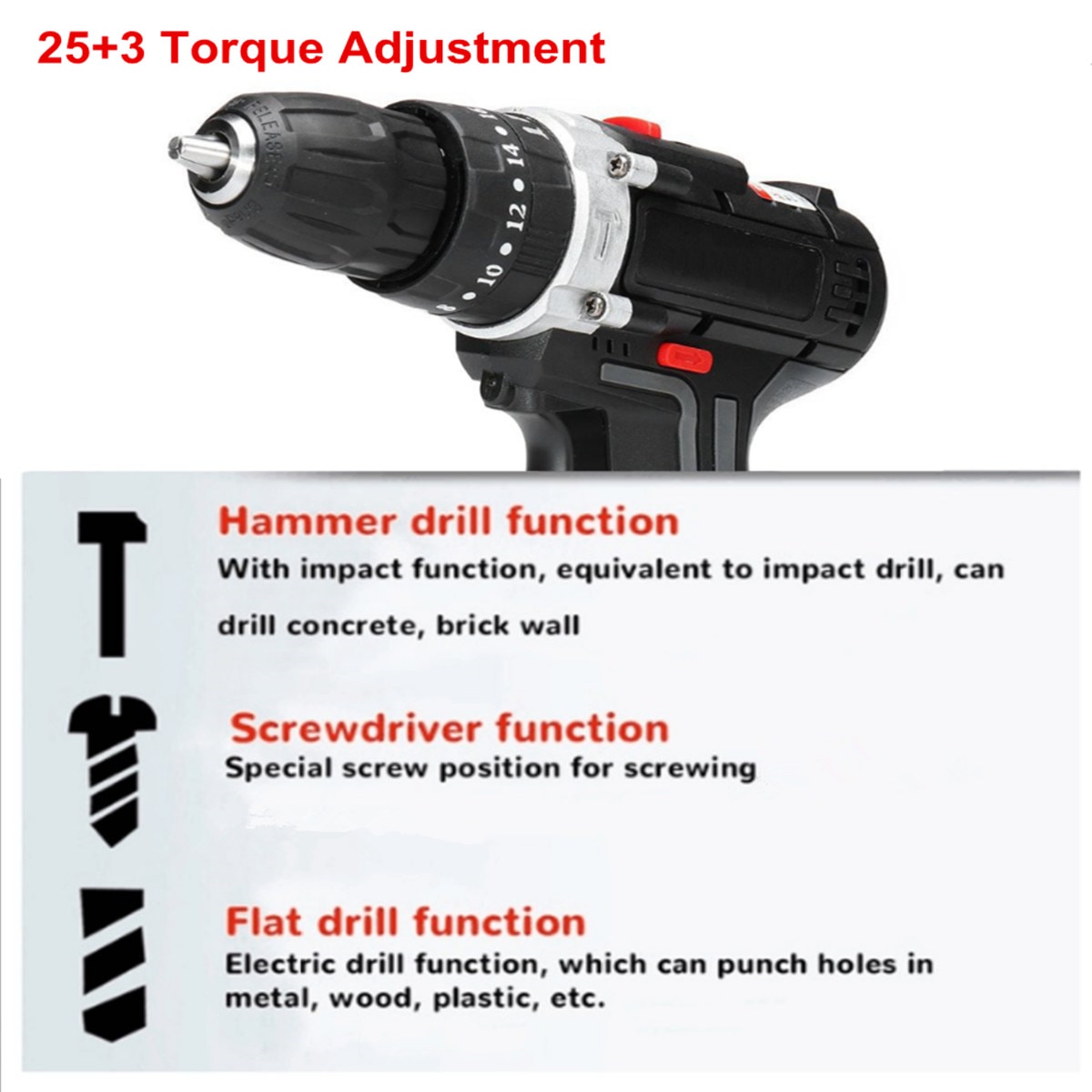 25+3 Torque 36V Cordless Electric Impact Drill Li-... – Grandado