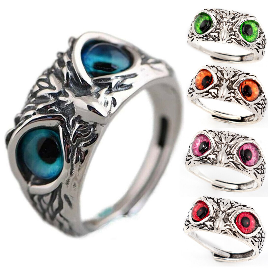 Silver Owl Ring Multicolor Cat Eyes Animal Charm V... – Grandado