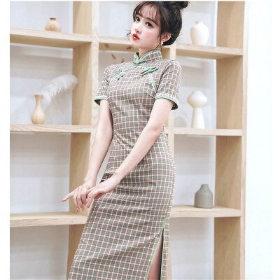 Sheng Coco Plaid Chinese Qipao Round Lace Cotton P... – Grandado