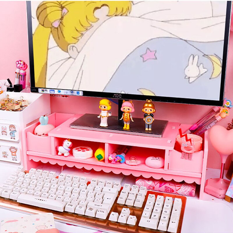 Pink Cute Monitor Stand Desktop Storage Wood Brack... – Grandado