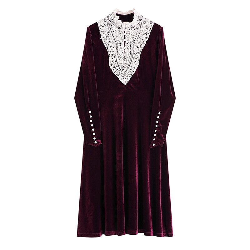 [EAM] Women Wine Red Velvet Temperament Dress Stan... – Grandado