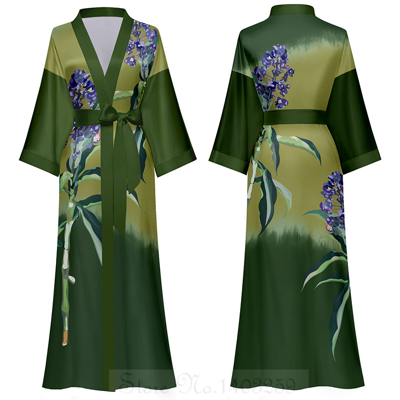 Female Long Robe Sleepwear Yellow Print Flower Hal... – Grandado