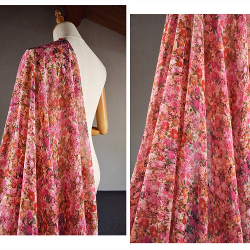 Half Meter Red Colored Flower Print Chiffon Fabric... – Grandado