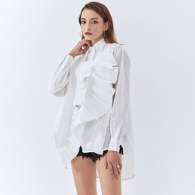VGH Patchwork Ruched Ruffle Shirt For Women Stand ... – Grandado