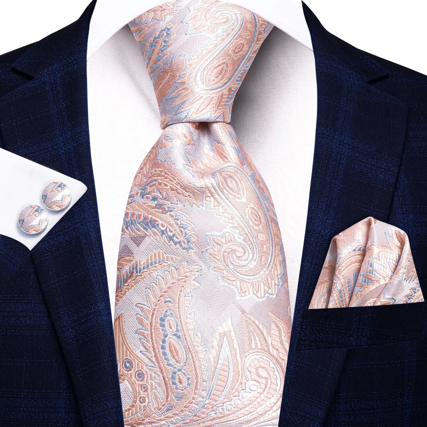 Hi-Tie Peach Pink Silver Floral Silk Wedding Tie F... – Grandado