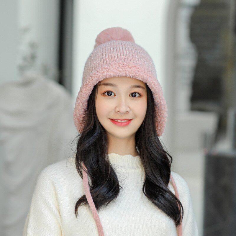 Lamb wool hats women's knitted fleece-lined caps w... – Grandado