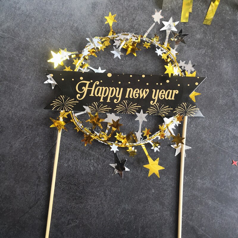 Black Gold Happy Year Flag Cake Topper Dessert Tab... – Grandado
