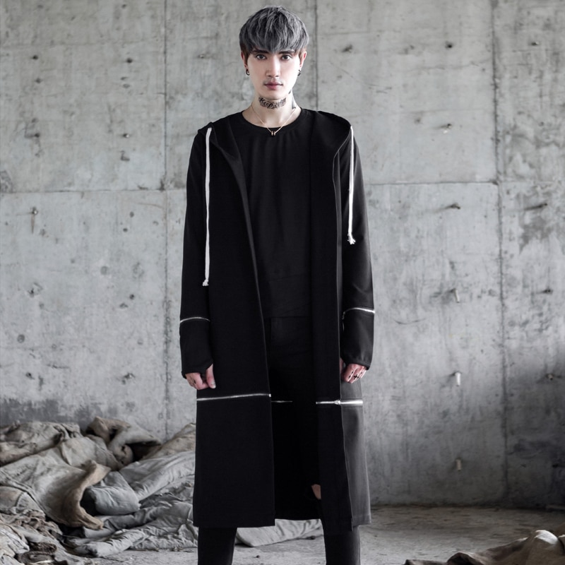 Men Gothic Punk Hip Hop Long Trench Coat Hooded Cl... – Grandado