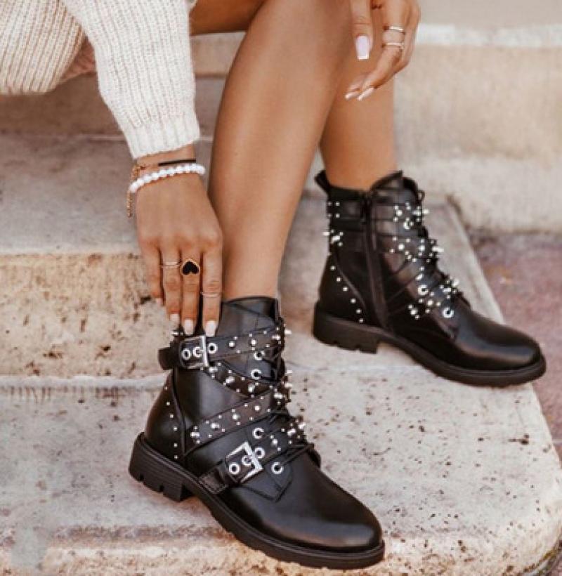 Kvinders ankelstøvler side lynlås spænde rem sko s... – Grandado