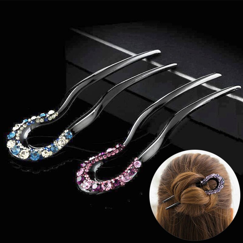 U-shaped Hairpin Bent Clip Colorful Rhinestone Bla... – Grandado