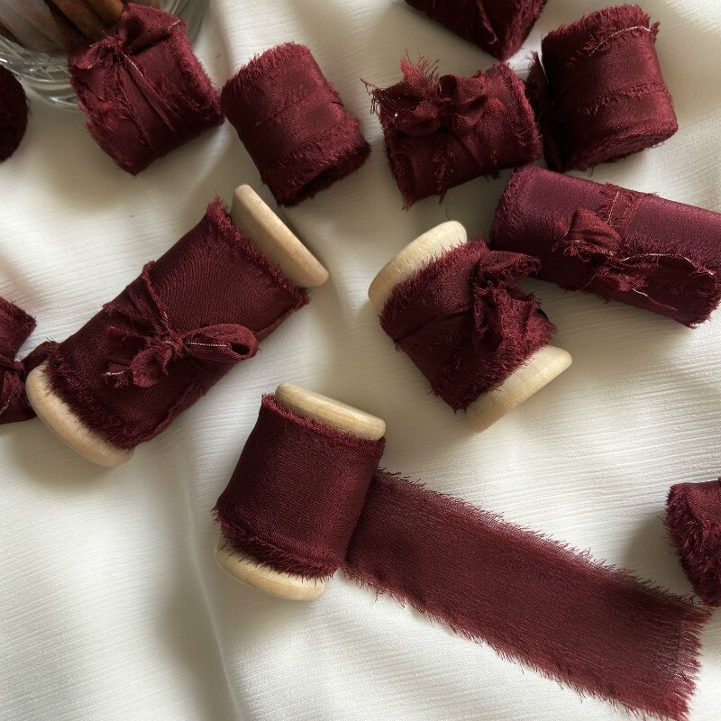25mm Chiffon Silk Ribbons With Frayed Edges Burgun... – Grandado