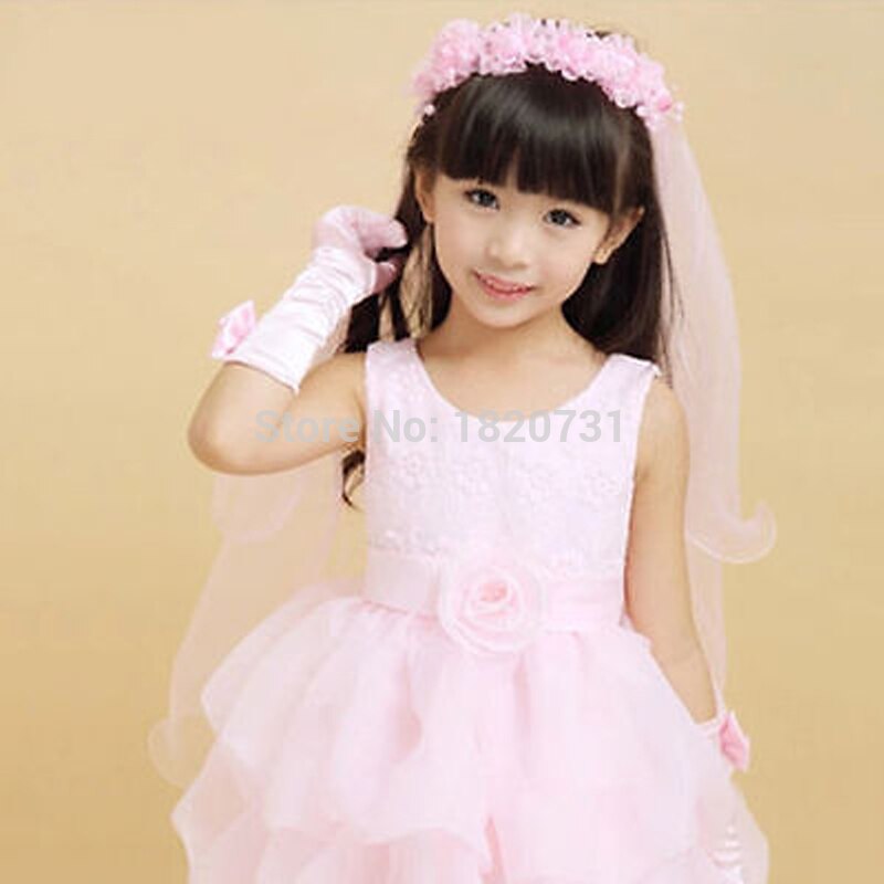 White And Pink Flower Girl's Bridal Veil With Wrea... – Vicedeal