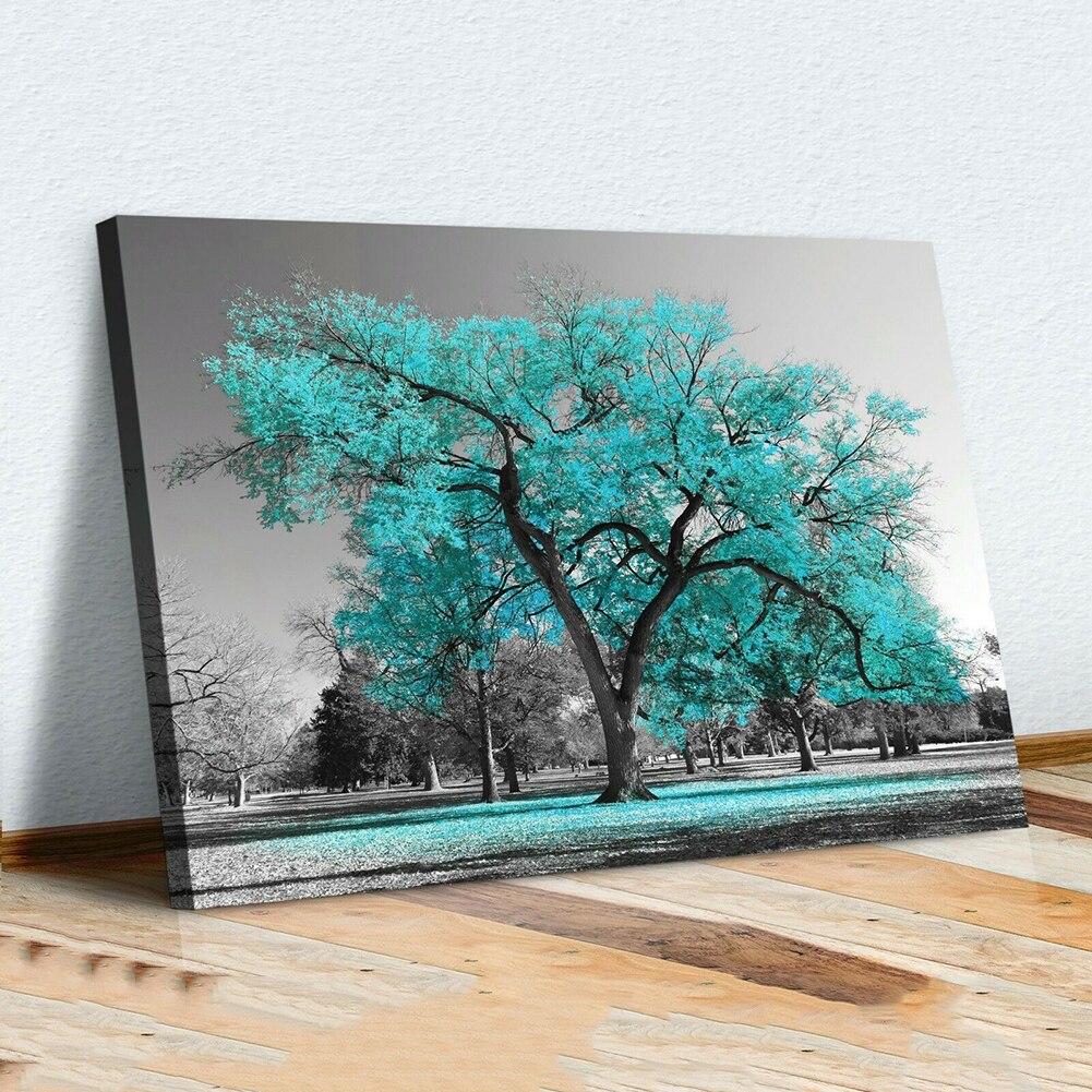 Ingelijste Print Schilderen Grote Boom Teal Turquo... – Grandado