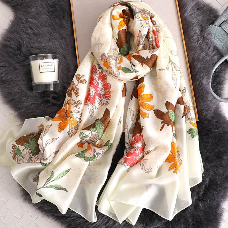 Silk Scarf Women Flower Print Scarf Beach Scarves ... – Grandado