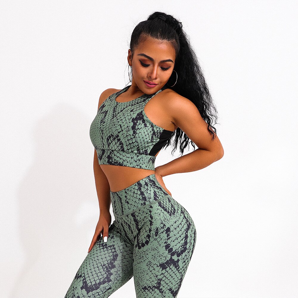 2 Piece Snake Print Yoga Set Women Crisscross Back... – Grandado
