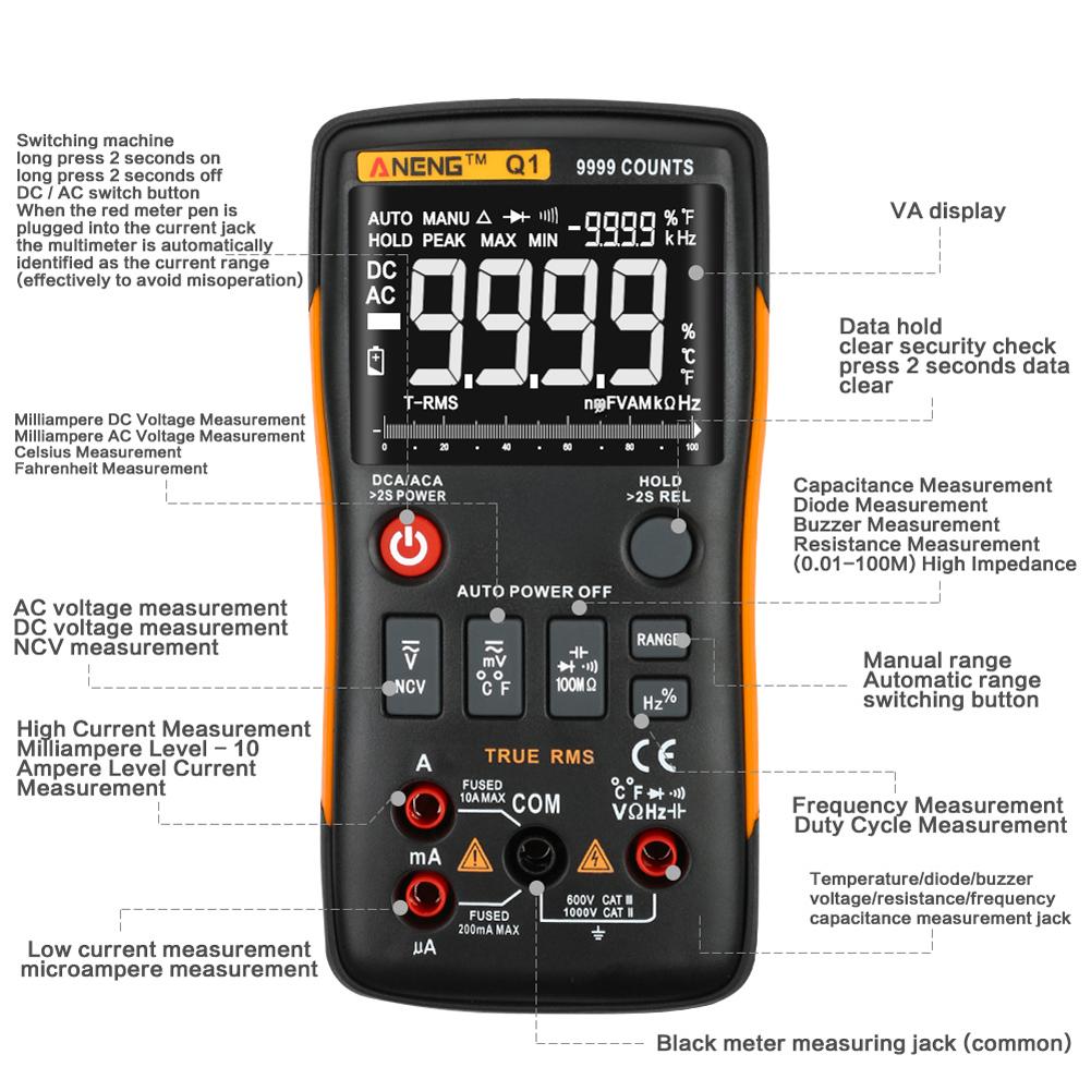 Aneng Q1 True-Rms Digitale Multimeter Knop 9999 Te... – Vicedeal
