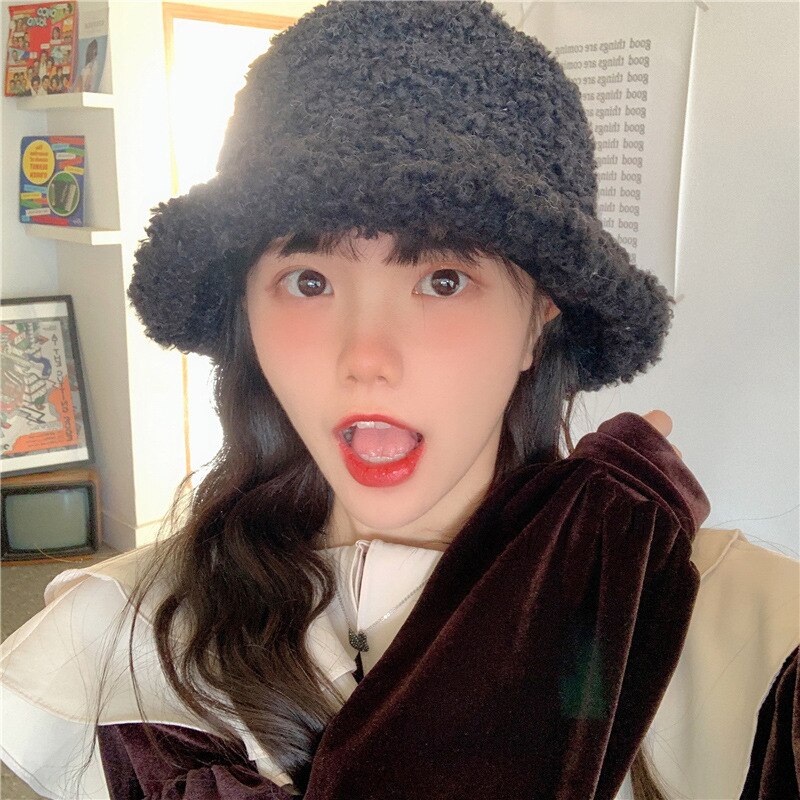 Outdoor Warm Lamb Faux Fur Bucket Hat Black Solid ... – Grandado