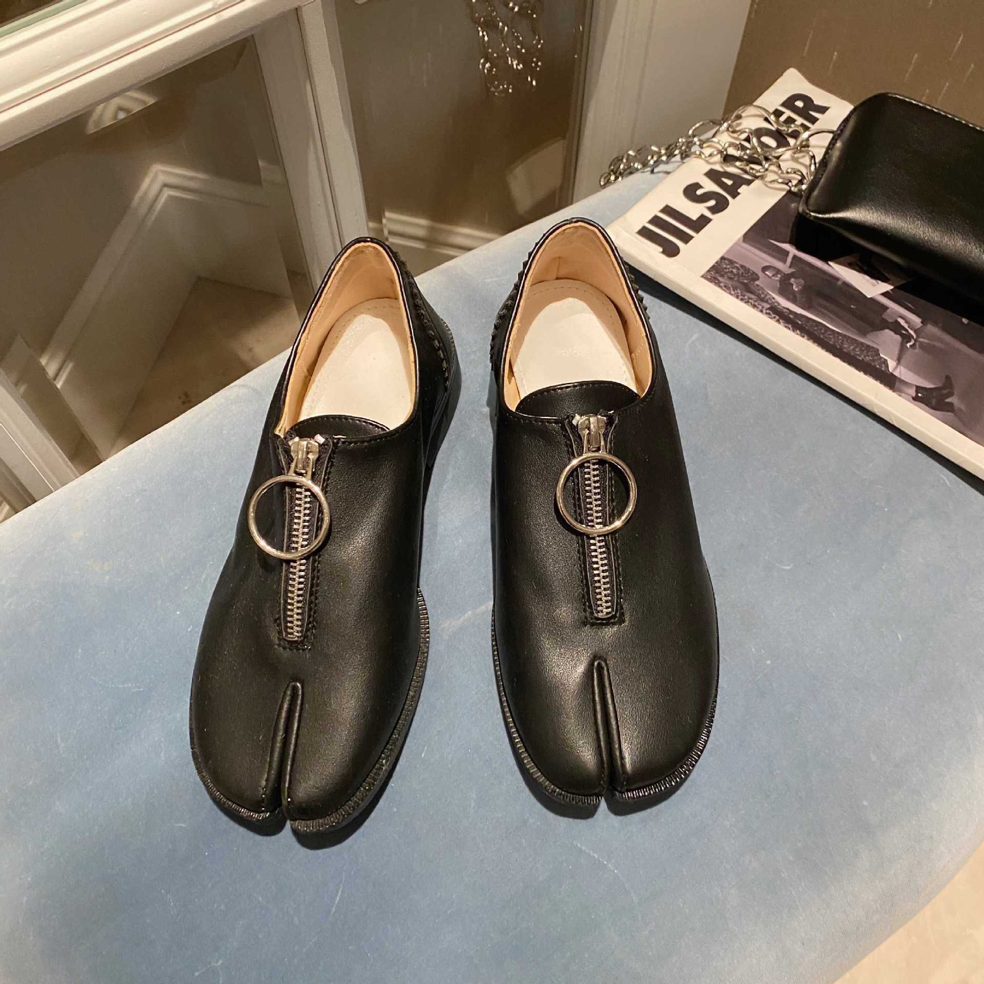 Woman split toe loafers metal zipper slip on mocca... – Grandado