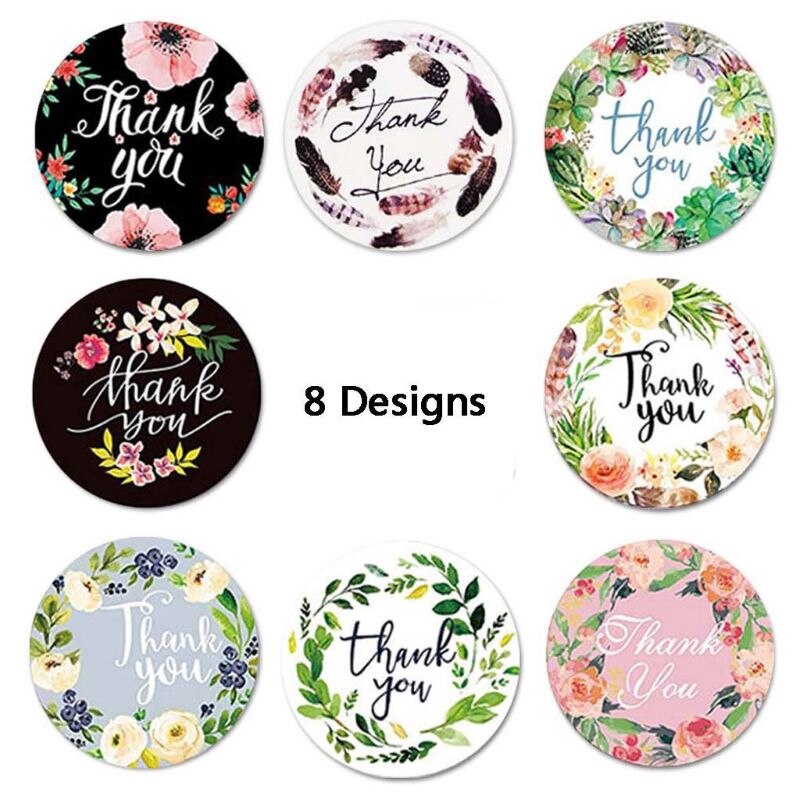 Autocollant «Thank You» à 8 motifs de fleurs ronde... – Grandado