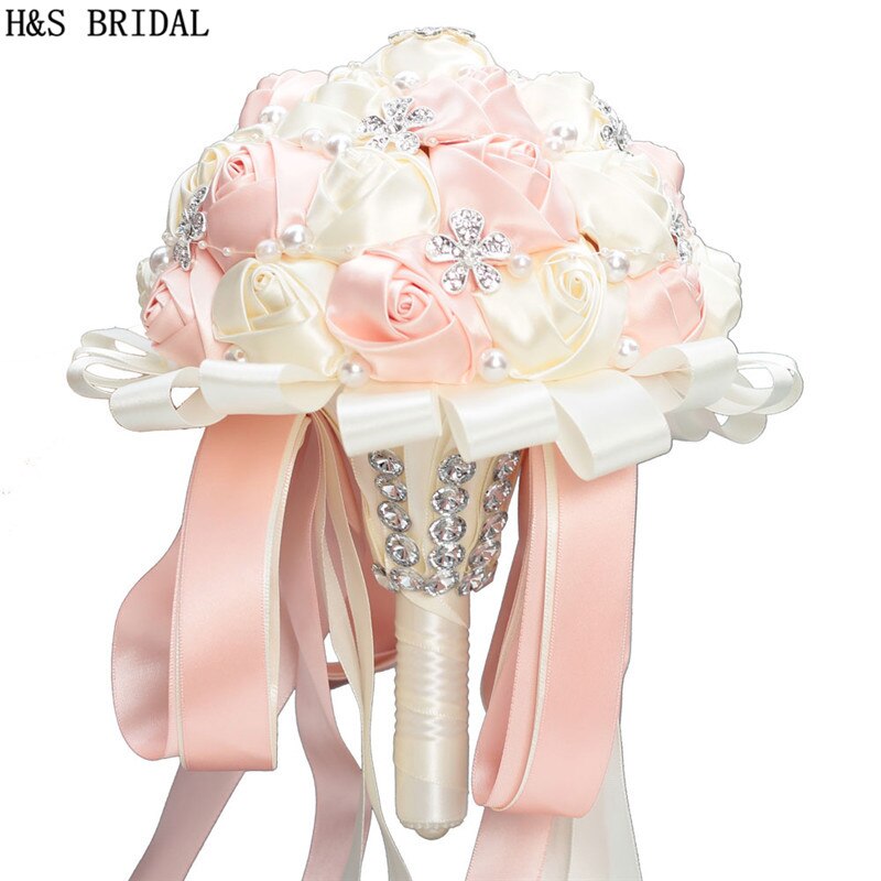 Ivory Pink satin Wedding Flowers Crystals Bridal B... – Grandado