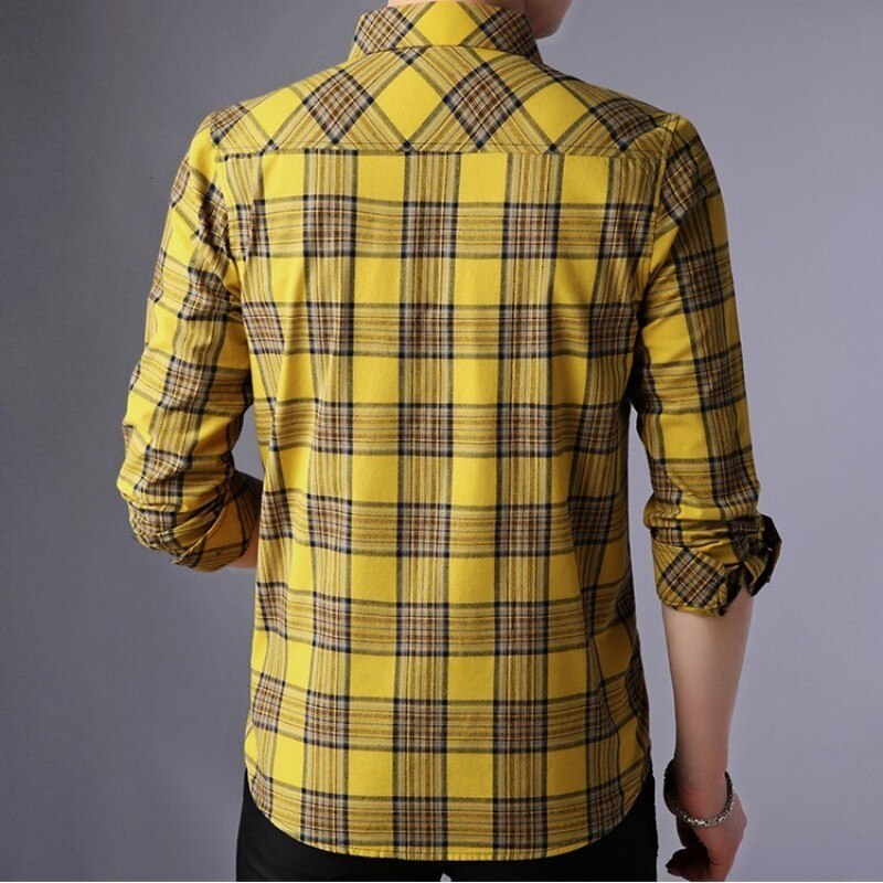 Lente Lange Mouw Vierkante Kraag Mens Plaid Shirts... – Grandado