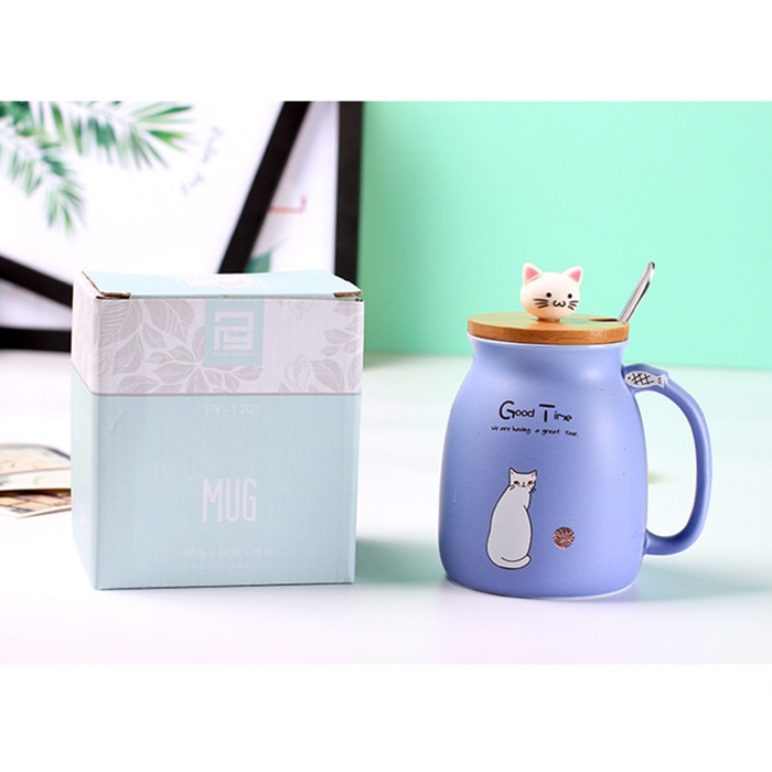 450ml Cartoon Ceramics Cat Mug With Lid and Spoon ... – Grandado