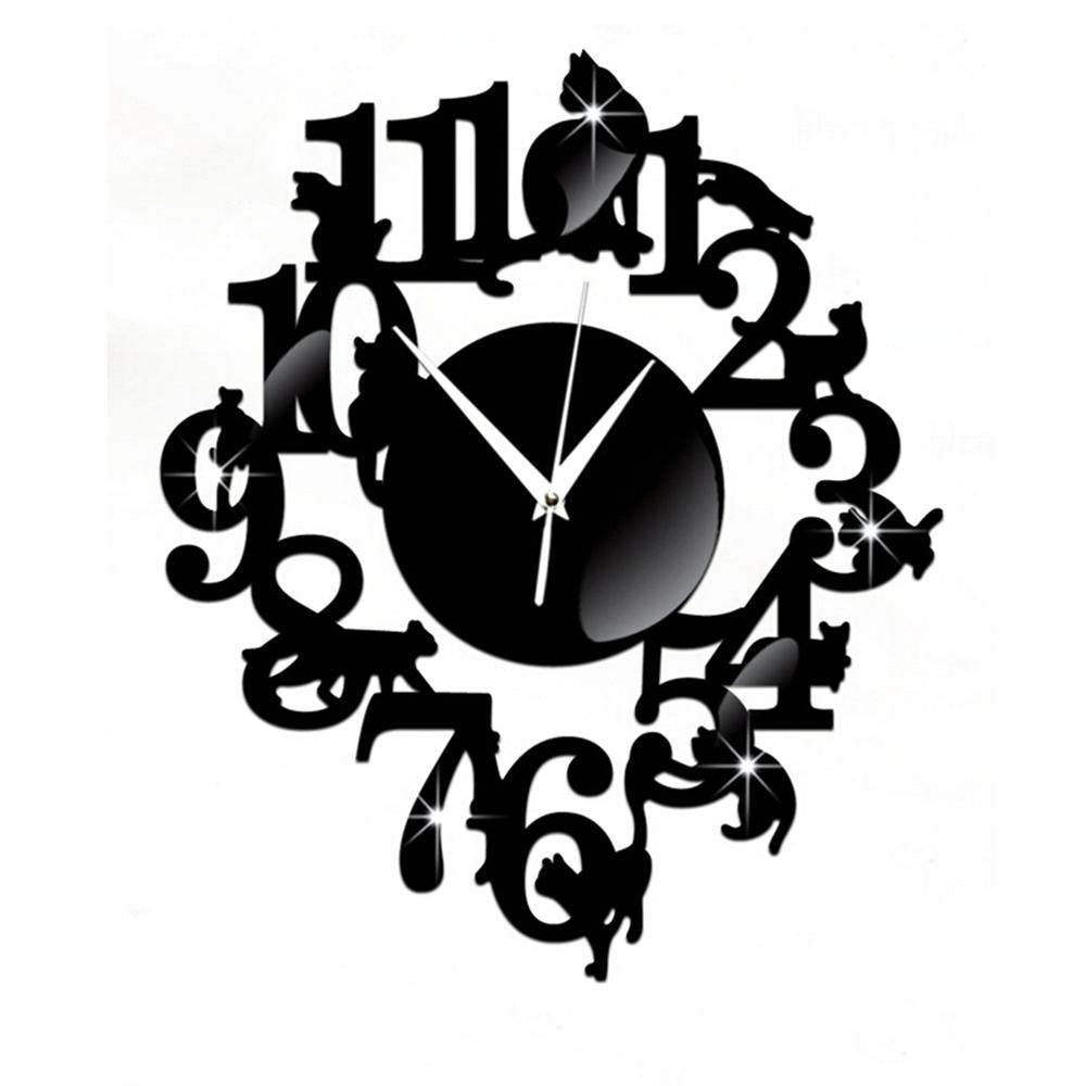 Cartoon Mirror Stickers Wall Clock Black Cat Anima... – Grandado