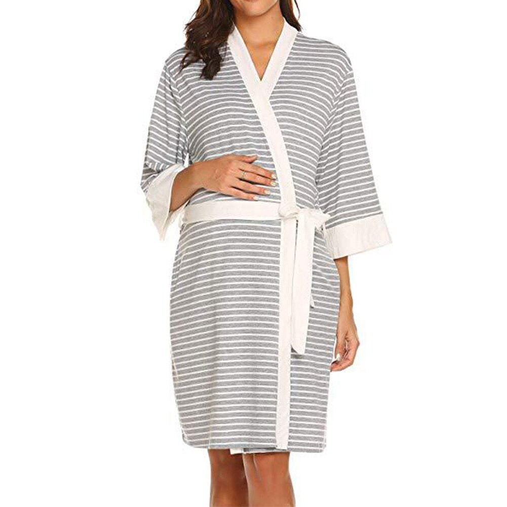 V Neck Striped Soft Maternity Robe Tie Waist Cotto... – Grandado