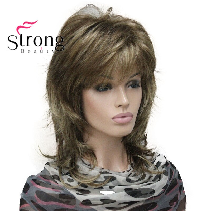 Lady Women Blonde With Dark Root Medium Length Cascaded Layers ...
