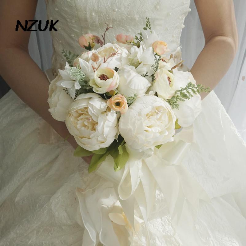 NZUK Artificial Flower Wedding Bouquet White Penoy... – Grandado