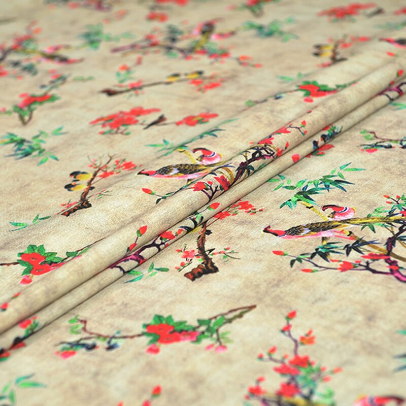 130CM Wide 35MM Birds Floral Print Brown Silk Line... – Grandado