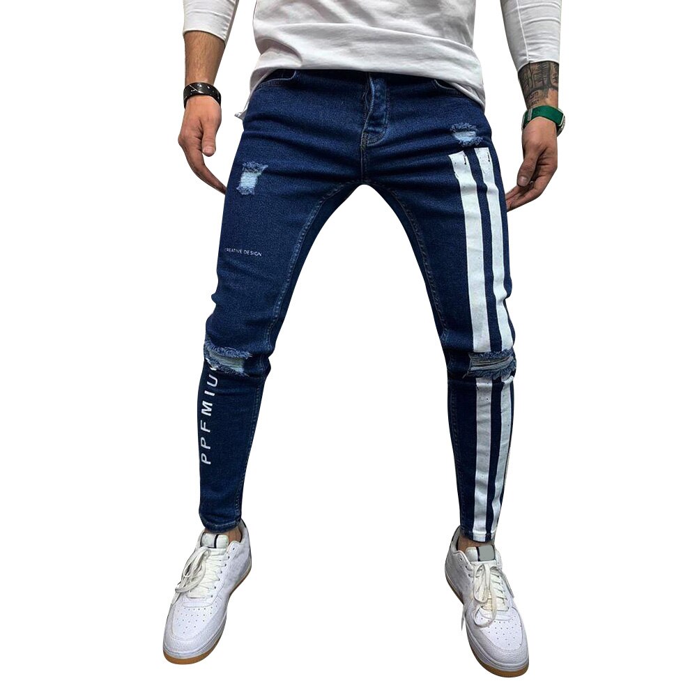 Mannen Skinny Denim Biker Side Striped Jeans Heren... – Vicedeal