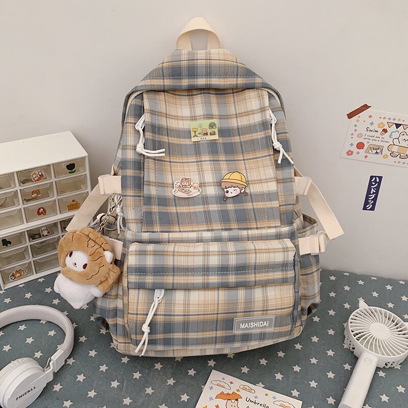 Japanese Plaid Backpack Korean Large Capacity Stud... – Grandado