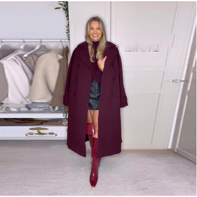 Burgundy Woolen Overcoat With Belt For Women Long ... – Grandado