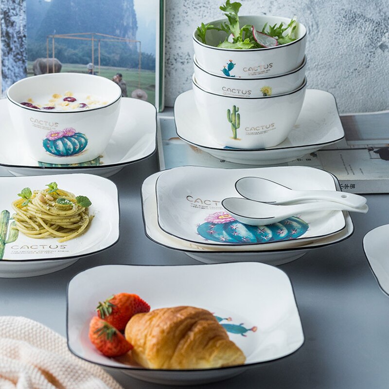 Grøn plante firkantet keramisk tallerken vestlig m... – Grandado