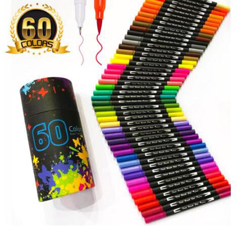 60 Kleuren Fineliner Tip Tekening Markers Dual Tip... – Vicedeal