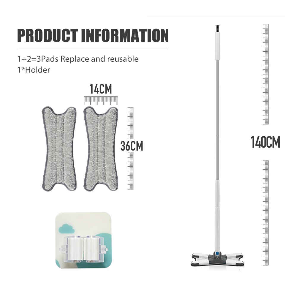 X-Type Floor Mop With 3 Replaceable Cloth Heads 36... – Vicedeal