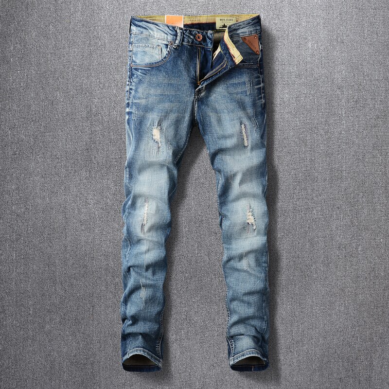 Koreaanse Mode Mannen Jeans Retro Blauw Elastische... – Grandado