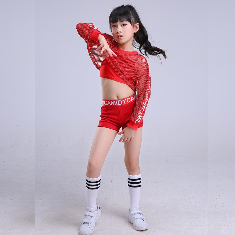 Red Kid girl jazz hip hop dance costume netted chi... – Grandado