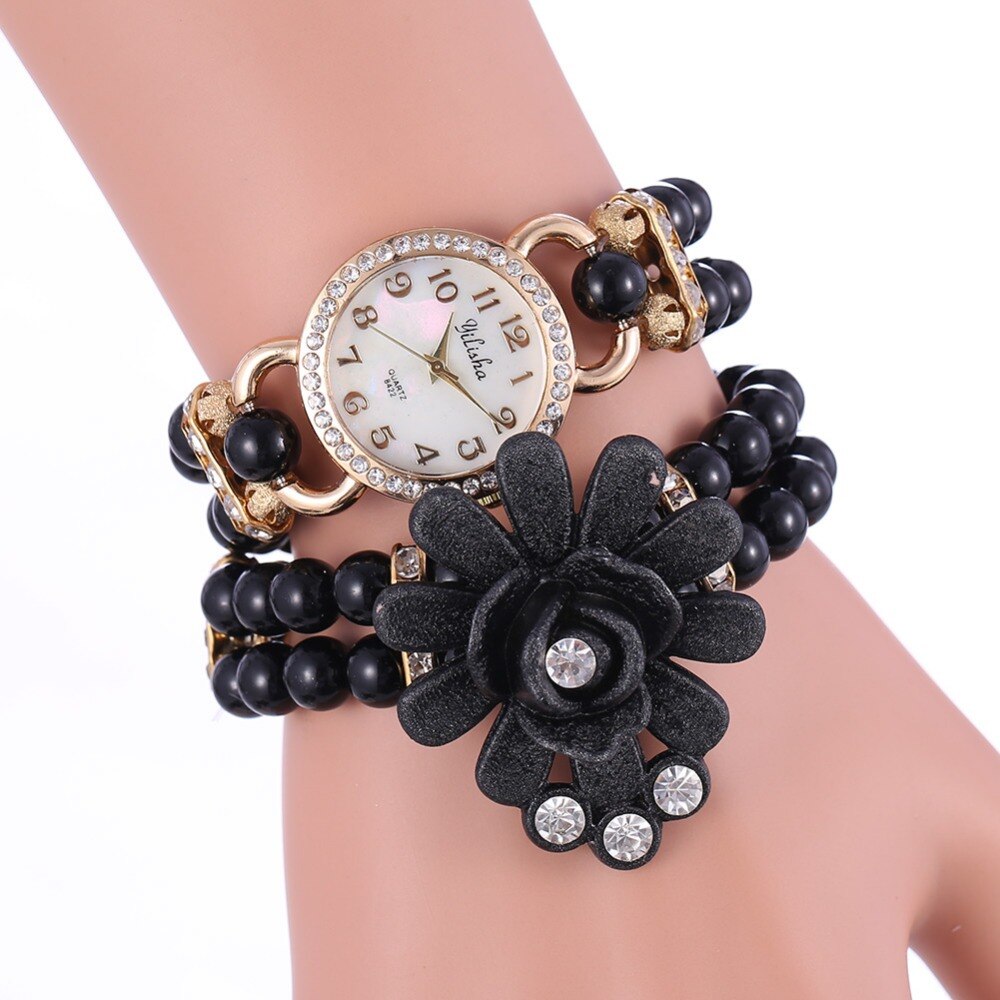 Brand Rhinestone Women Watch Black Pearl Flower Br... – Grandado