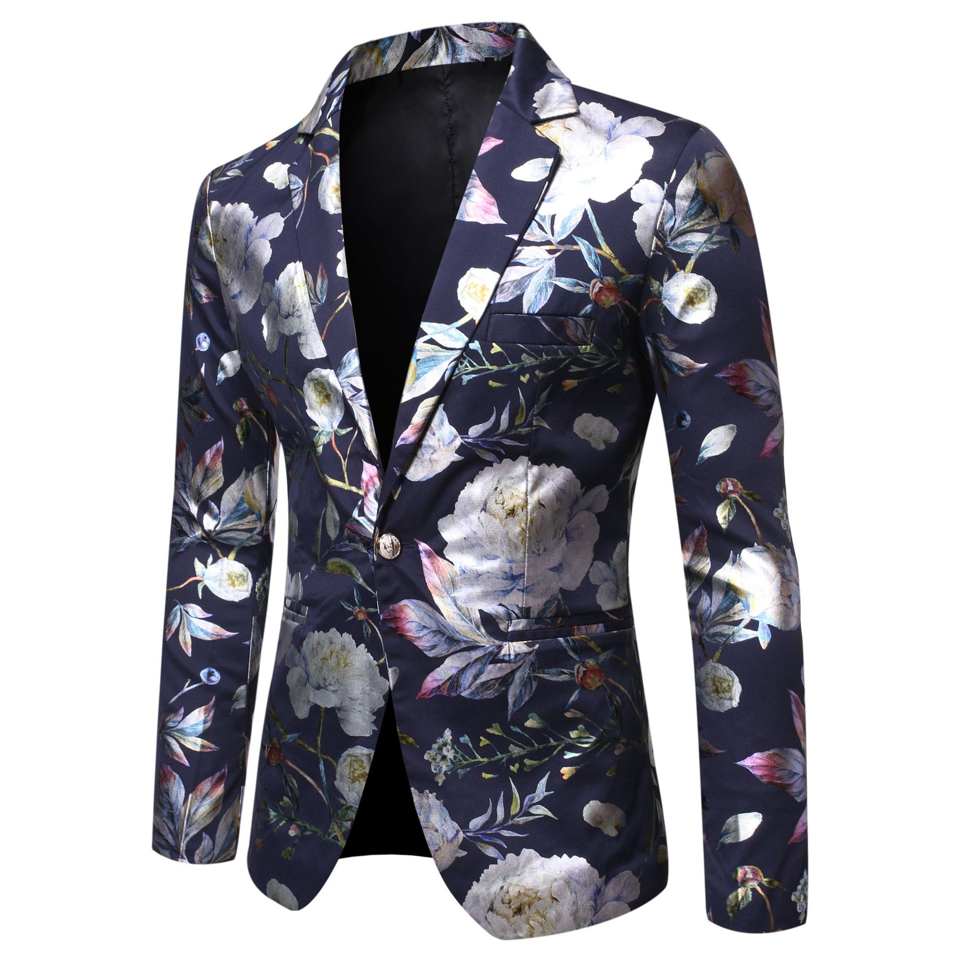 Men Blazers Suit Jacket Back White Navy Blue Flora... – Grandado