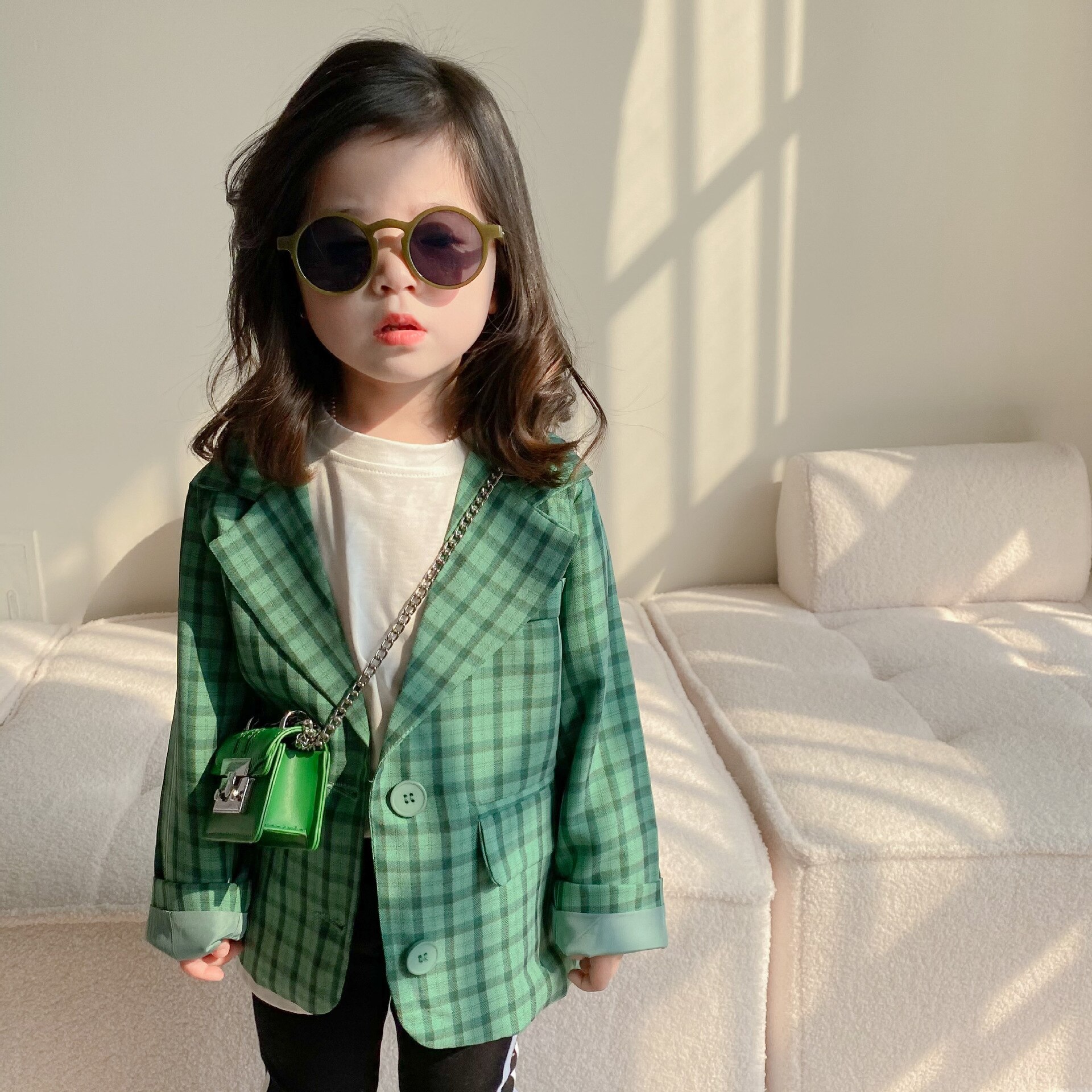 2022 Spring Girls Plaid Coat Green Jacket – Grandado