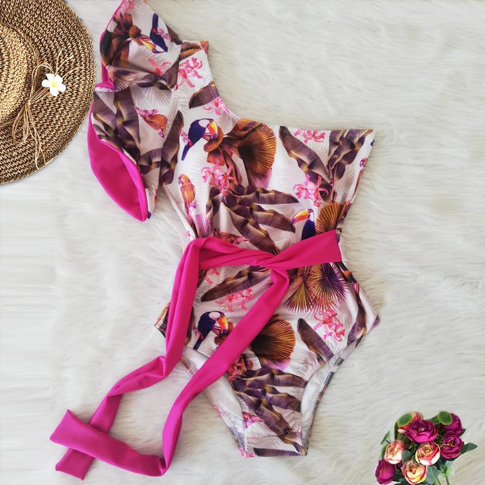 Ruffle One Piece Swimsuit Print One shoulder Swimw... – Grandado