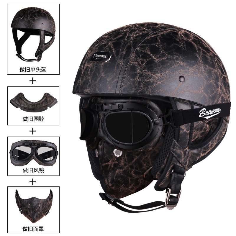 Open Face Motorcycle Leather Helmet German Style V... – Vicedeal