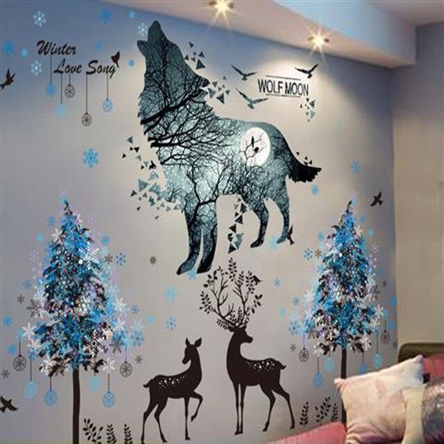 3D Snow Wolf Deer Wolf Moon Wall Sticker Wallpaper... – Grandado