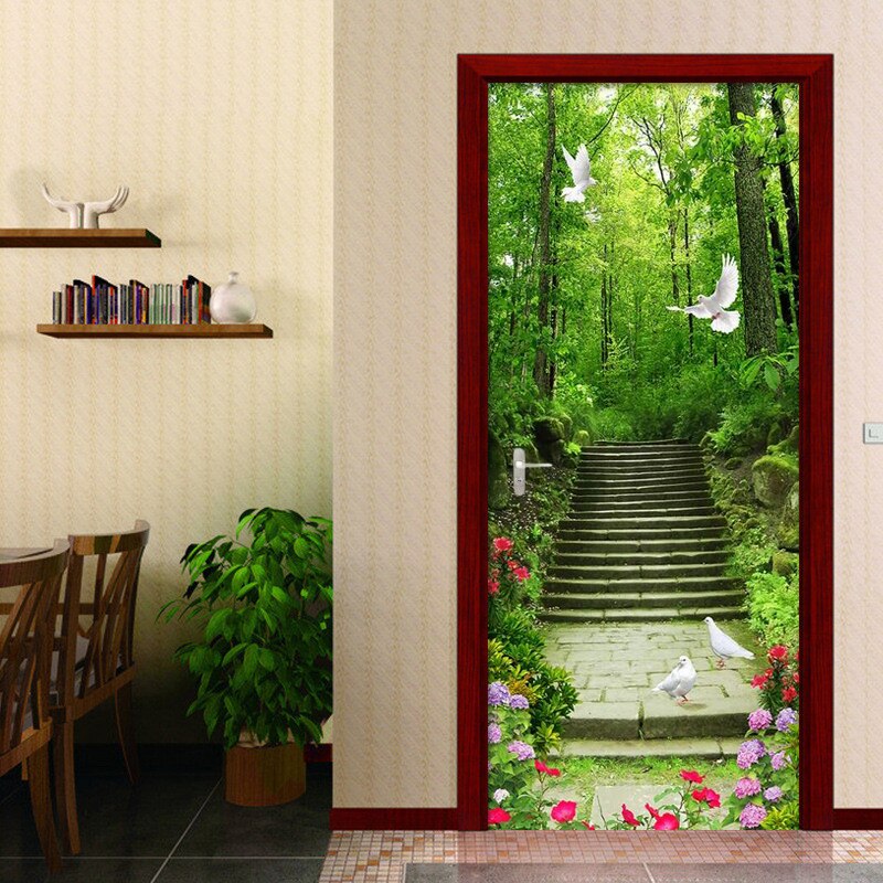 Green Forest Stairs Door Sticker 3D Nature Landsca... – Grandado