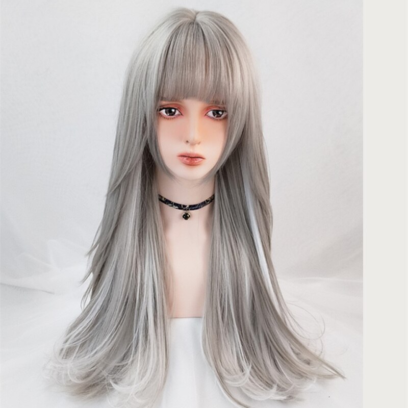 VICWIG Synthetic Wig Lady Long Gray Highlighting S... – Vicedeal