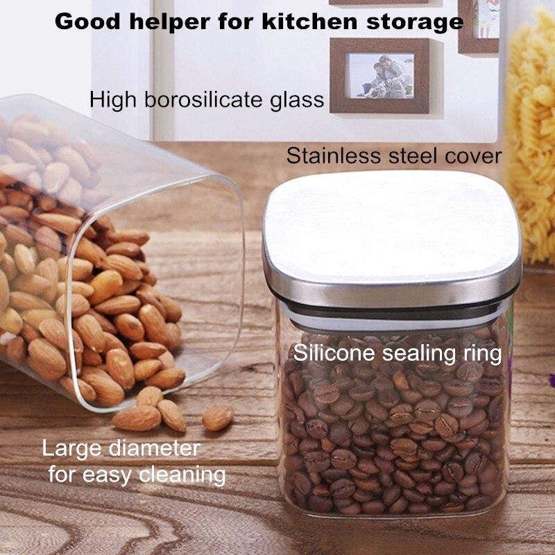 Fyrkantiga glasburkar med lock i rostfritt stål fö... – Vicedeal